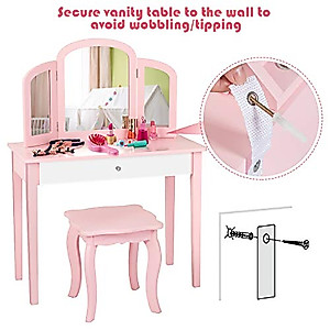 KOTEK Kids Vanity Set w/Tri-Folding Mirror, Princess Makeup Dressing Table w/Detachable Top & Drawer, 2-in-1 Vanity Table and Chair Set, Pretend Beauty Play Vanity for Girls (Pink)