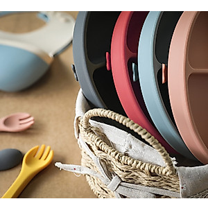 Baby Self Feeding Utensils Set, Toddler Led Weaning Feeding Supplies -Adjustable Silicone Bibs, Silicone Suction Divided Plate with Silicone Placemat,Spoon,Fork - Aids Self Feeding Kit (Warm Pink)