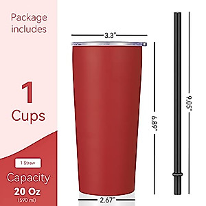 DOMICARE 20 oz Tumbler with Lid and Straw, Stainless Steel Tumblers Bulk Vacuum Insulated Tumbler Travel Coffee Mug Pack of 1, Red