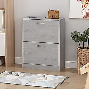Grey Wood 12-Pair Shoe Storage Cabinet W/ 2 Flip Drawers Modern Contemporary Scandinavian MDF Matte Hidden Includes Hardware
