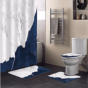Sabolny Marble Navy Blue 4Pcs Bath Set Home Decor, Bathroom Waterproof Shower Curtain with Hook, Large Runner Rugs, Toilet Lid Cover and U-Shaped Bath Mat, 66"x72" Aesthetic White Gray Modern Silver