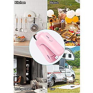 NOBVEQ Mini Bag Sealer, Handheld Heat Vacuum Sealer, Cutter with Lanyard and 2 in 1 Heat Sealer , Portable Bag Resealer Machine for Plastic Bags Food Storage Snacks Freshness(Batteries Included)-PINK