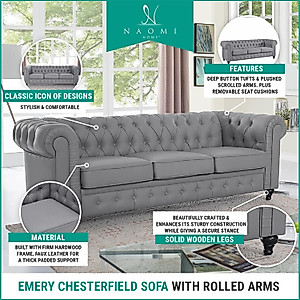 Naomi Home Emery Chesterfield Sofa with Rolled Arms, Tufted Cushions / 3 Seater Sectional Sofa Couch for Small Spaces, Living Room, Bedroom, Apartment Easy Tool-Free Assembly - White, Air Leather
