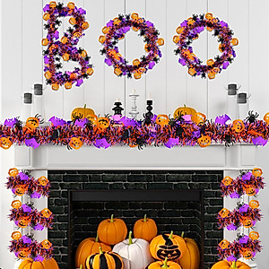 Halloween Decorations,33 Ft Halloween Tinsel Garland with Orange Pumpkin Black Spider Purple Bat, Shiny Metallic Garland Halloween Garland for Home Tree Indoor Outdoor Halloween Party Decorations