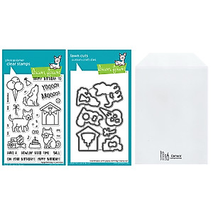 Lawn Fawn Yappy Birthday 4"x6" Clear Stamp Set, Coordinating Die Set, Carnora Storage Pocket, Bundle of 3 Items