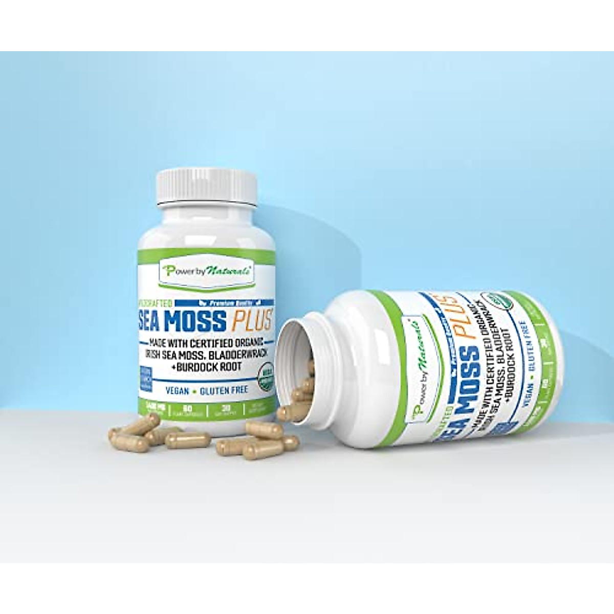 Power By Naturals USDA Organic Sea Moss Plus Bladderwrack and Burdock Root Capsules for Gut Health, Immune Support & Thyroid Supplement (Pure, No Fillers, Wildcrafted Irish SeaMoss Pills) 60Ct.