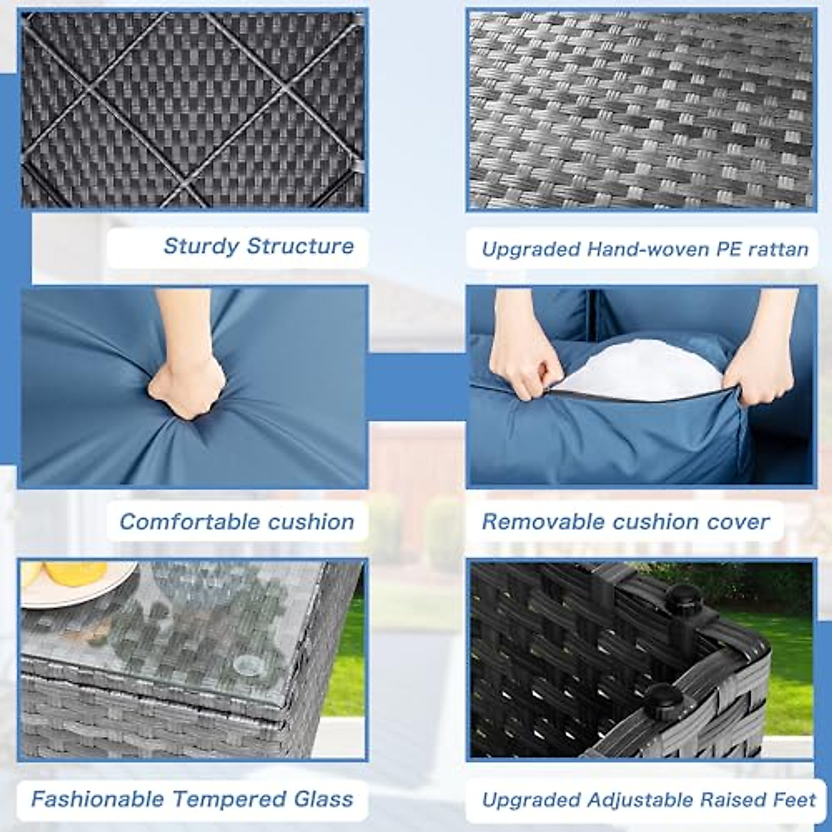 Shintenchi 5 Pieces Outdoor Patio Sectional Sofa Couch, Silver Gray PE Wicker Furniture Conversation Sets with Washable Cushions & Glass Coffee Table for Garden, Poolside, Backyard (Aegean Blue)