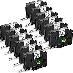 MarkDomain 12-Pack Label Maker Refills Replacement for Brother P Touch TZe TZ 12mm 0.47 Laminated TZe231 Black on White Label Tape, Work with Brother PT-D220 PT-D210 PT-H110 PT-D410, 12mm x 8m