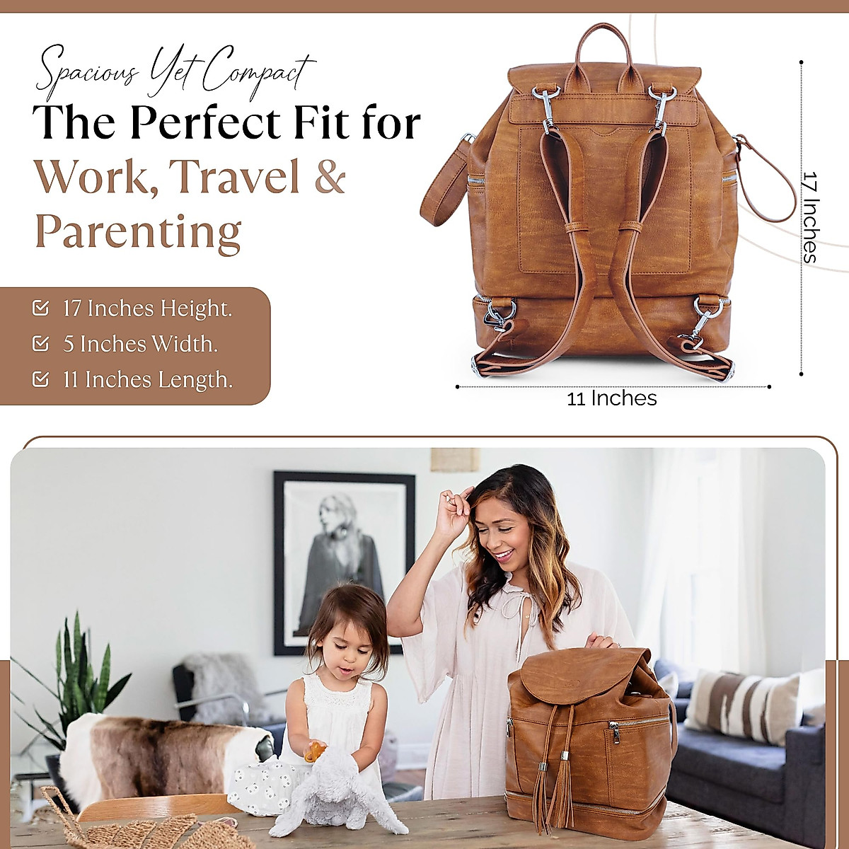 Citi Collective Journey Diaper Bag - Vintage Tan - Convertible Backpack to Shoulder or Crossbody - Waterproof Vegan Leather