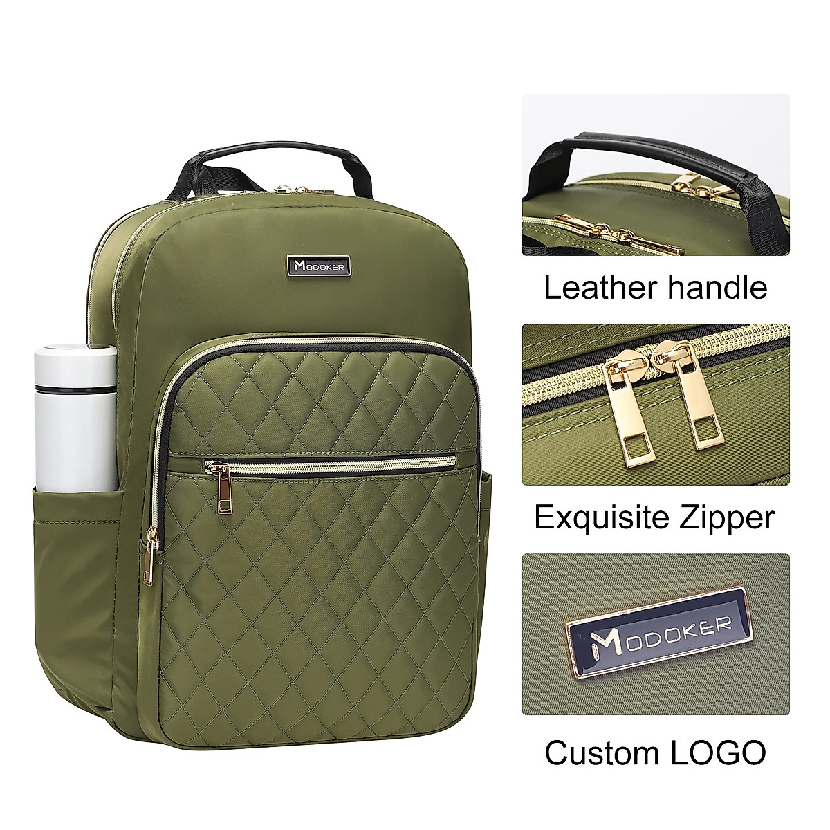 Modoker 15.6 Inch Laptop Backpack for Women, Quilted Work Backpack for Women Bookbag Teacher Backpack, Travel Backpack with USB Charging Port, Backpack Purse for Women Nurse, Green