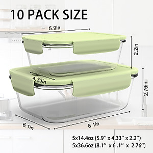 ZRRHOO 10 Pack Glass Food Storage Containers with Lids, Freezer Meal Prep Containers (Built in Vent), Green Kitchen Style Bento Boxes for Storage, BPA Free & Leak Proof (Green)