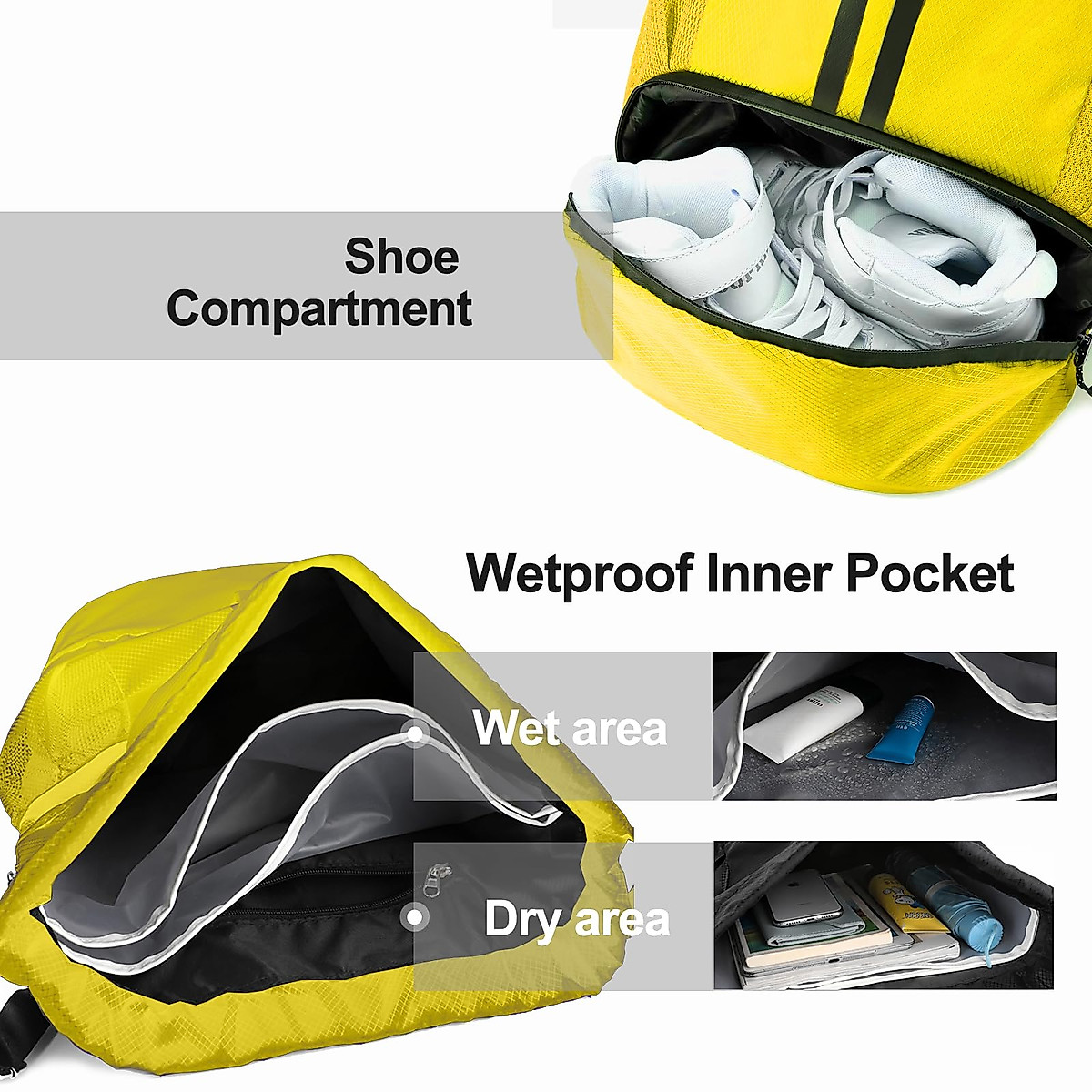 Hoedia Sports Drawstring Backpack - String Swim Gym Bag with Shoes Compartment and Wet Proof Pocket for Women/Men (Yellow)