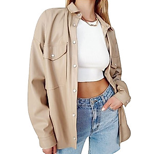Gihuo Womens Faux Leather Jacket PU Shacket Button Down Biker Long Sleeve Lapel Blazer Coat Outwear with Pocket(01Apricot-L)