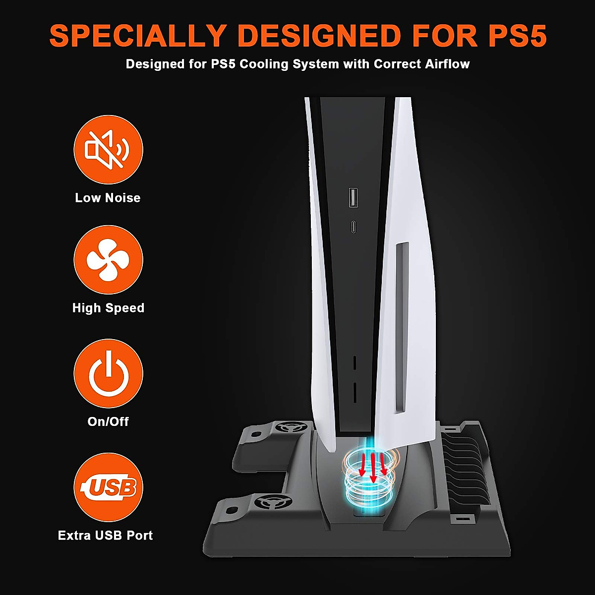 BEJOY Multifunctional Vertical Stand with Dual Cooling Fans for PS5 Console, 3-Level Rotate Fans Speed, Dual Type-C PS5 Charging Station with Gaming Headset Holder, 11 Games Boxes Storage, Black