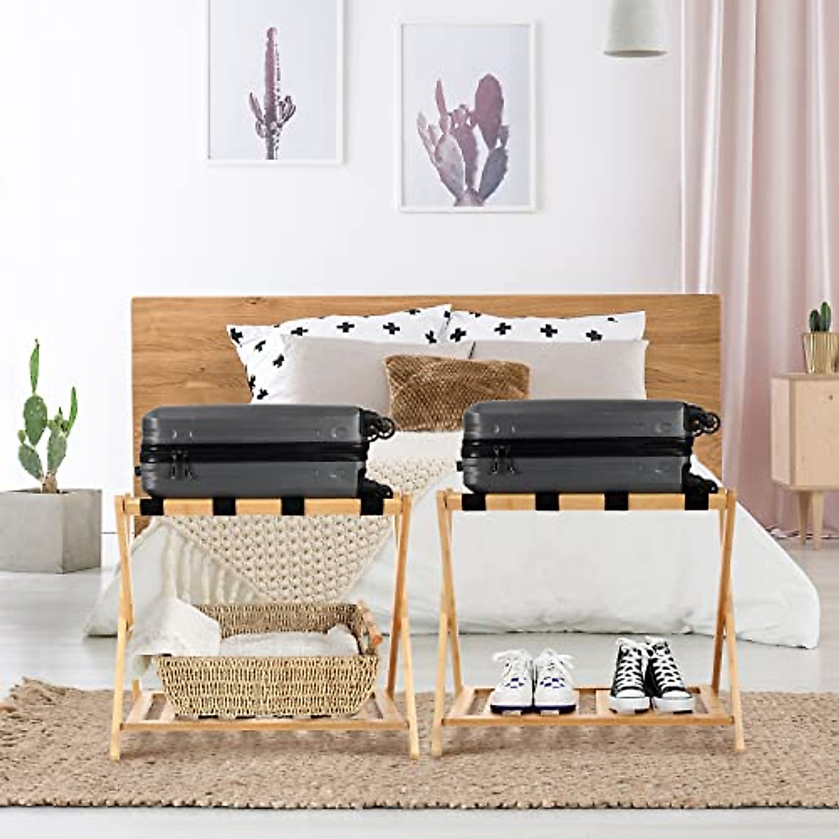6 Pack Luggage Rack with Shelf, Folding Suitcase Stand, Double Tiers Luggage Holder with Lower Storage Shelf and Black Straps for Guest Room, Bedroom, Hotel