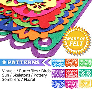 Novelty Place 15Ft 9Pcs Mexican Party Banners - Felt Papel Picado Banner - Mexican Fiesta Party Decorations for Dia De Los Muertos, Day of the Dead, Cino de Mayo, 9 Pattern Panels
