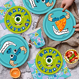 AURORAPARTY 120pcs Monster Birthday Party Supplies Inc Paper Plates Napkins Cups Forks Girl Boy Little Monster Birthday Party Table Decorations Disposable Cake Tableware Set for 24 Guests