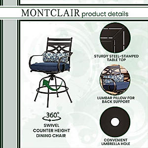 Hanover 5-Piece High Navy Blue Montclair Weather Outdoor Counter-Height Patio Dining Set, 4 Cushioned Swivel Chairs and 33" Square Stamped Rectangle Table