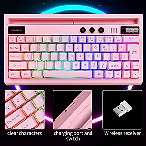 CTBTBESE Wireless RGB Backlit Gaming Keyboard, Ultra-Compact 61 Keys with Phone Stand, Waterproof for PC/Mac Gamer, Typist, Travel(Pink)…