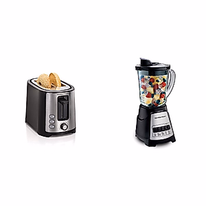 Hamilton Beach 2 Slice Extra Wide Slot Toaster, Black (22633) & 58148A Blender to Puree - Crush Ice - and Make Shakes and Smoothies - 40 Oz Glass Jar - 12 Functions - Black and Stainless