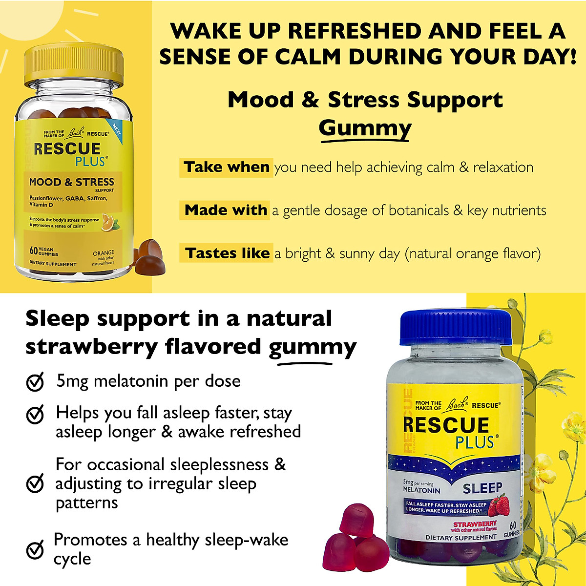 RESCUE Bach Plus Sleep Gummies with 5mg Melatonin/dose [and] Bach Plus Mood & Stress Support Gummies with Key Nutrients and Botanicals - 2PK Dietary Supplements, 60Ct Each