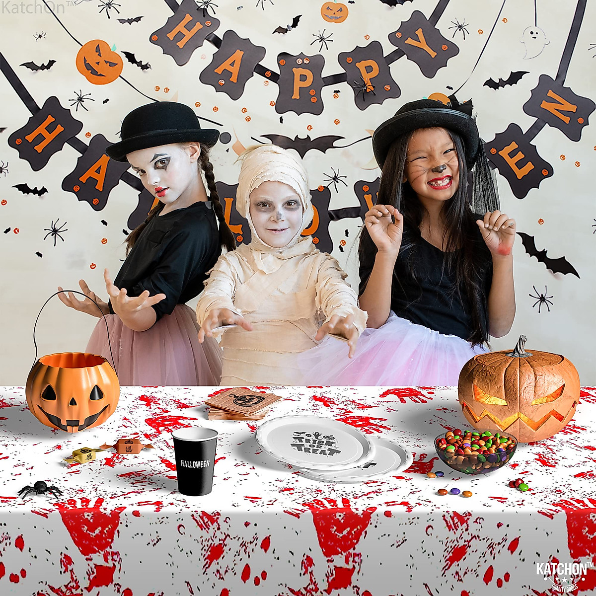 KatchOn, Bloody Table Cloth Halloween - Pack of 3, Large 54x72 Inch | Halloween Tablecloth Plastic, Zombie Red Bloody Handprint Tablecloth | Halloween Table Cover for Halloween Table Decorations