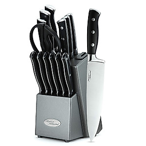 Marco Almond® Kitchen Knife Set with Block KYA31,14 Pieces Japanese Stainless Steel Cutlery Knives Block Set for Kitchen with Built-in Sharpener