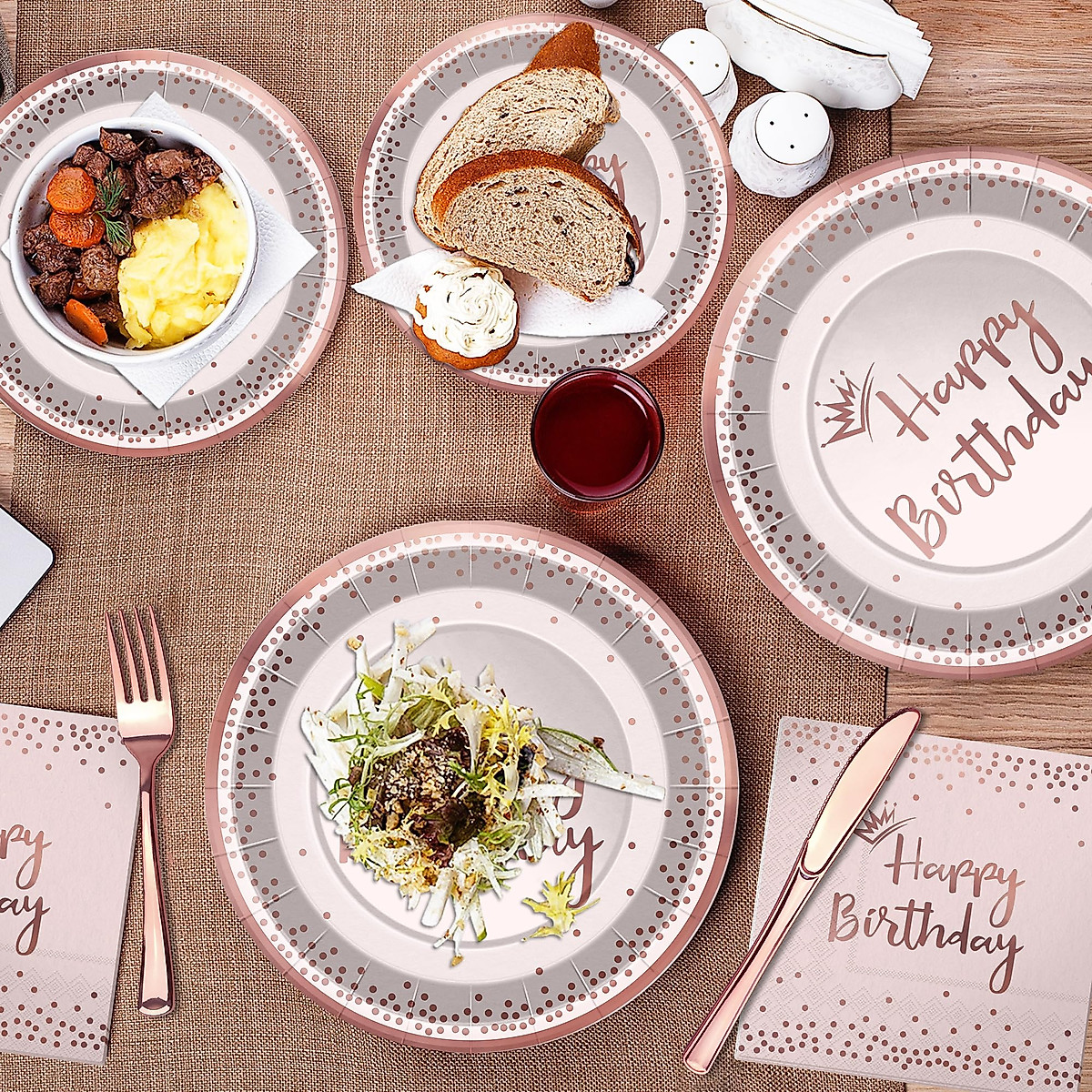 100Pcs Pink Birthday Plates rose gold plates and napkins party supplies for Girl Women