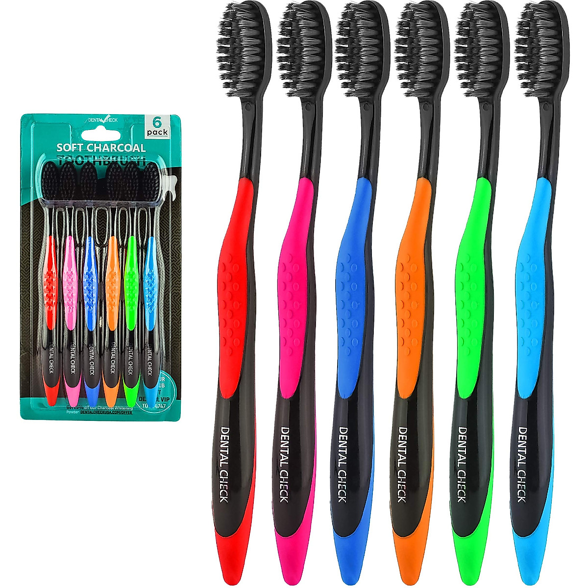 Dental Check 6 Pack Toothbrush, Natural Teeth Whitening Solution, Ultra-Soft Bristles for Dental Care, Angled Bristles for Hard-to-Reach Areas, Clean Away 99% of Plaque & Brighten a Smile (Charcoal)
