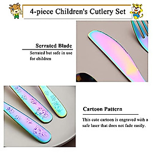 Berglander Rainbow Toddler Utensils 4 Pieces Colorful Titanium Plating Kids Silverware Set, Children Safe Forks and Spoons Flatware, Mirror Polished Smooth Round Edage Cutlery Sets, Dishwasher Safe