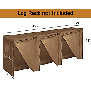 COWORM Heavy Duty Firewood rack cover 12 ft, 600D log rack cover Waterproof - Brown, with Zipper and Velcro (Log Rack not Included)