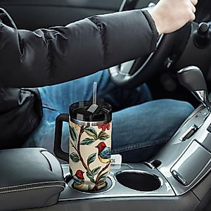 Selerdon 40 oz Tumbler Flowers Birds with Handle and Straw Lid Vacuum Stainless Steel Insulated Water Bottle Travel Mug Car Cup Holder Friendly BPA Free for Gym Travel Office