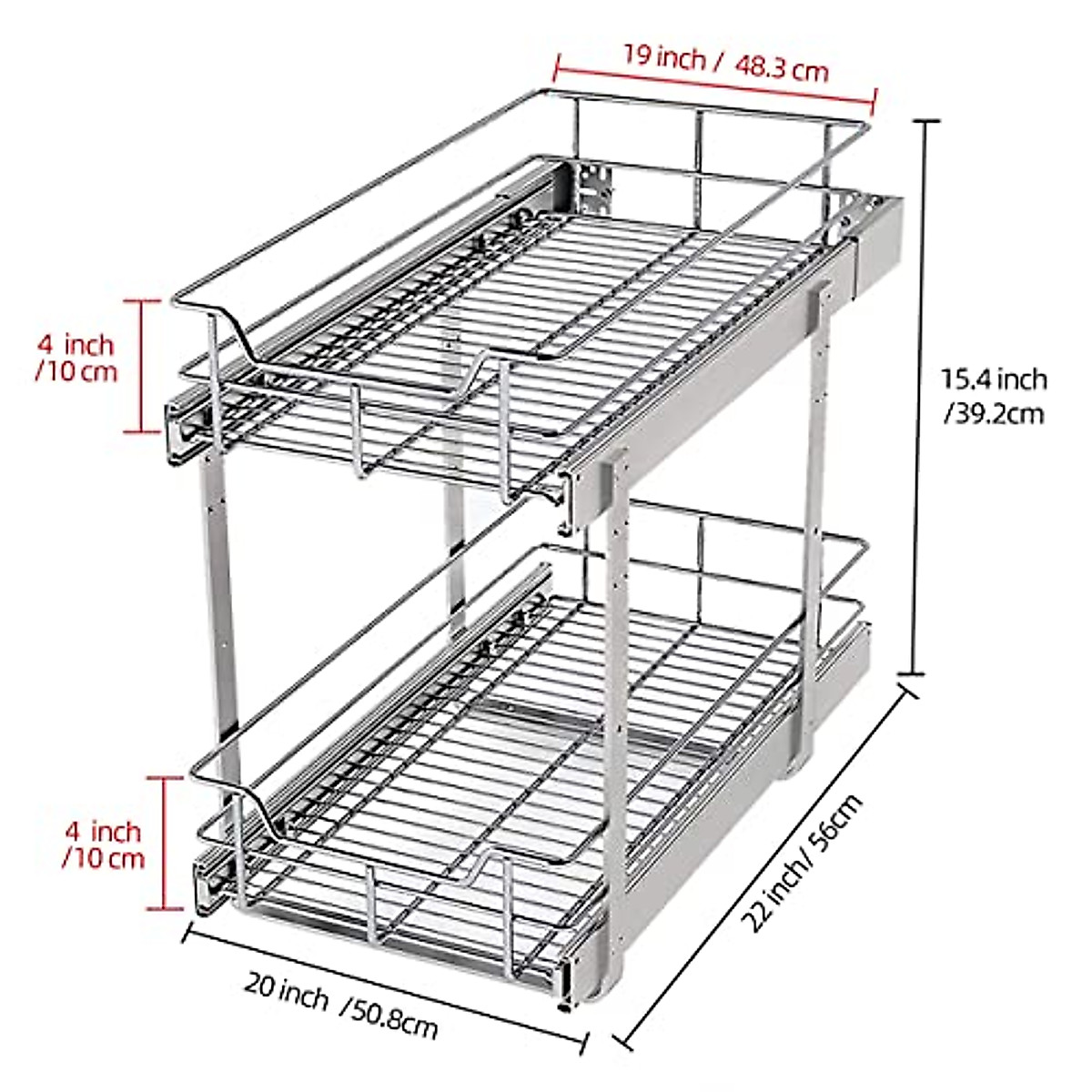 STORKING 2 Tier Wire Basket Pull Out Organizer Shelf Sliding Drawer Storage for Kitchen Base, Double-Tier Heavy Duty Cabinets Chrome-Plating, 21”W x 22”D Cabinet Opening Wire Frame Plating Finish