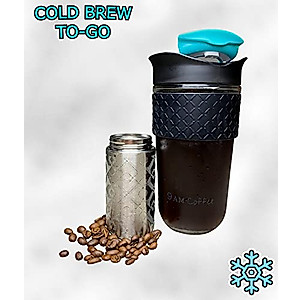 Cold brew coffee cup | For Grab-n-Go | 18oz | Durable glass | stainless steel filter | silicon sleeve | Black design with a Blue lid
