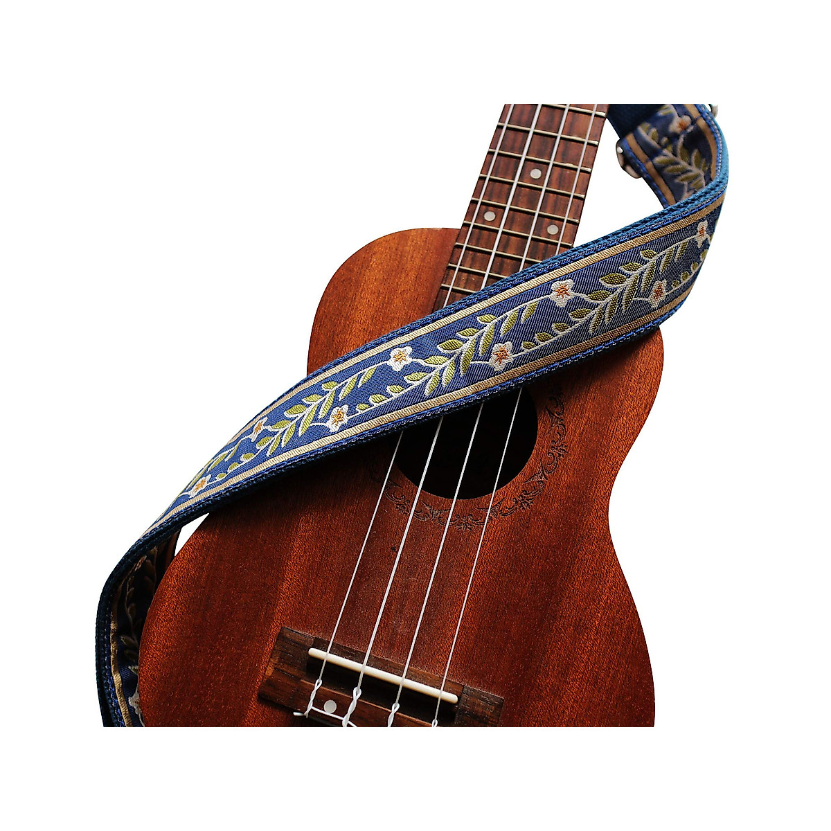 MUSIC FIRST Original Design Vintage Blue “Jasmine” Soft Meshbelt & Genuine Leather Ukulele Strap Ukulele Shoulder Strap With a Genuine Leather Strap Locker