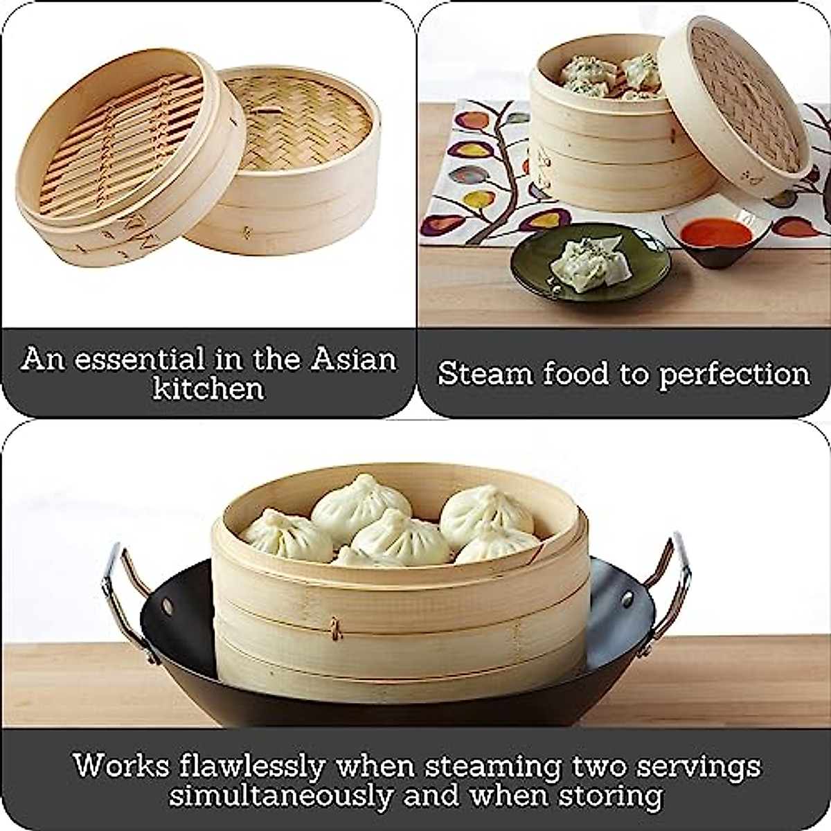Imusa USA PAN-10015T 10" 2 Layer Traditional Asian Bamboo Steamer, 1 Piece, Tan