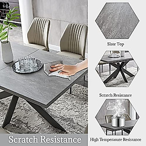 Expandable Dining Table Set for 6-8 Seat, Rectangular Modern Kitchen Thicker Top, 6 Faux Leather Dining Chairs and Non-Slip Pad, Extendable 63'' to 79'' with Extension Leaf for Kitchen Restaurant