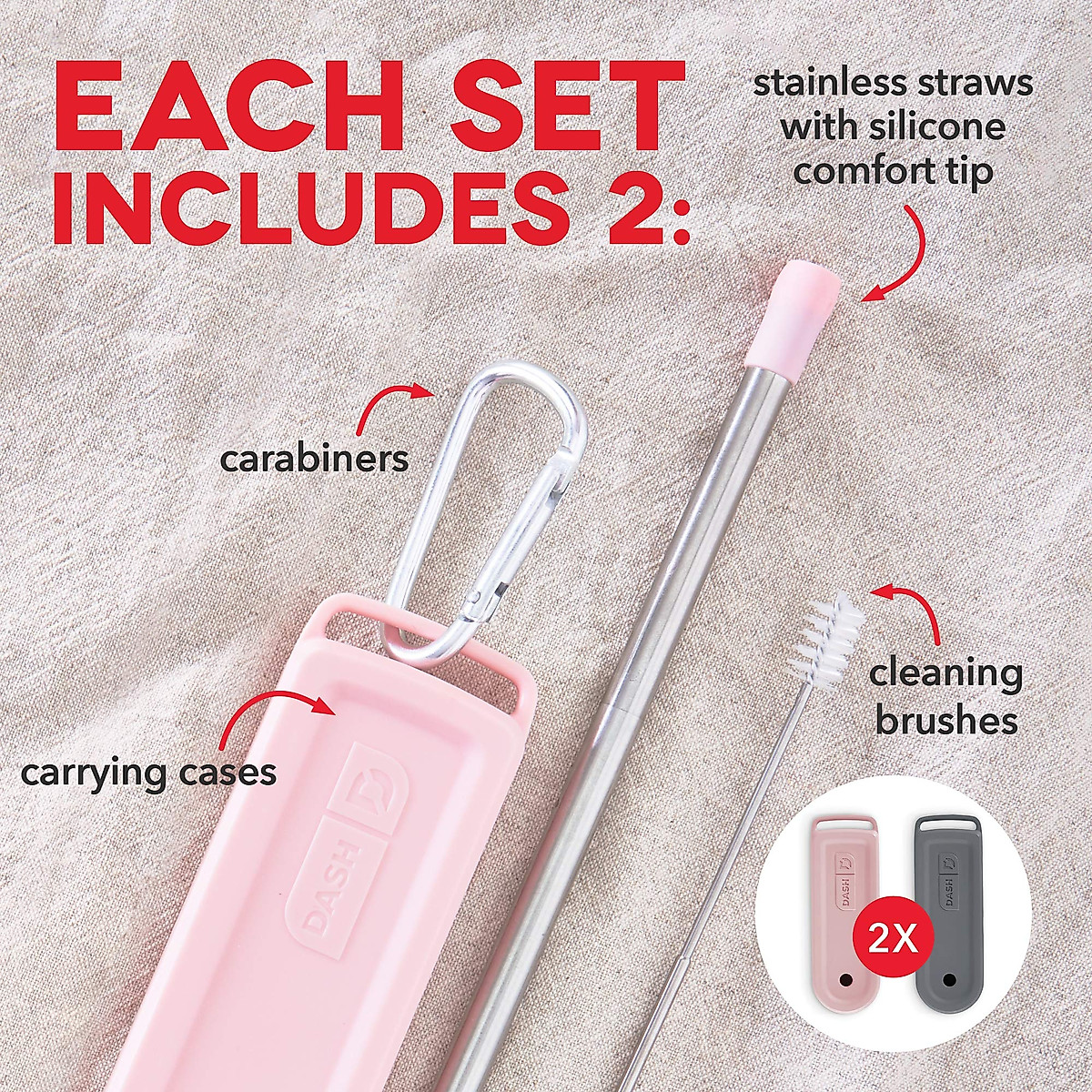 DASH Super Straw - Stainless Steel Magnetic Reusable Straw with Carrying Case and Cleaning Brush Included, 2-Pack - Grey/Rose, 9.5 Inches (DMSS002)