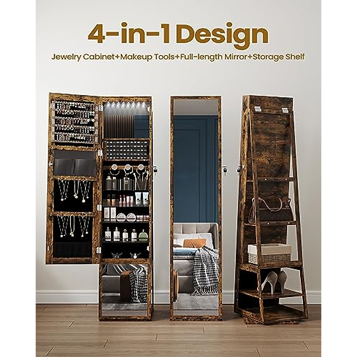 Hzuaneri 16 LEDs Jewelry Cabinet Armoire, 63" H Standing Jewelry Organizer with 360° Rotating Base, Lockable Full-length Mirror, 4-tier Storage Shelves, 4-in-1 design, Rustic Brown JC16003X