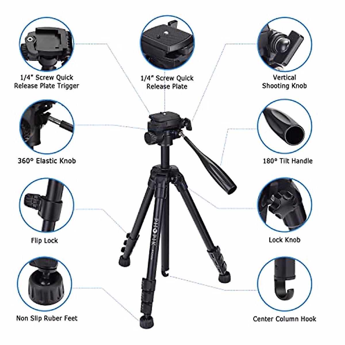 PHOPIK Camera Tripod, 56” Cell Phone Tripod with Phone Holder, Extendable Video Tripod with Quick Release Plate,Compatible with All Cameras, Cell Phones, Projector, Webcam, Spotting Scopes