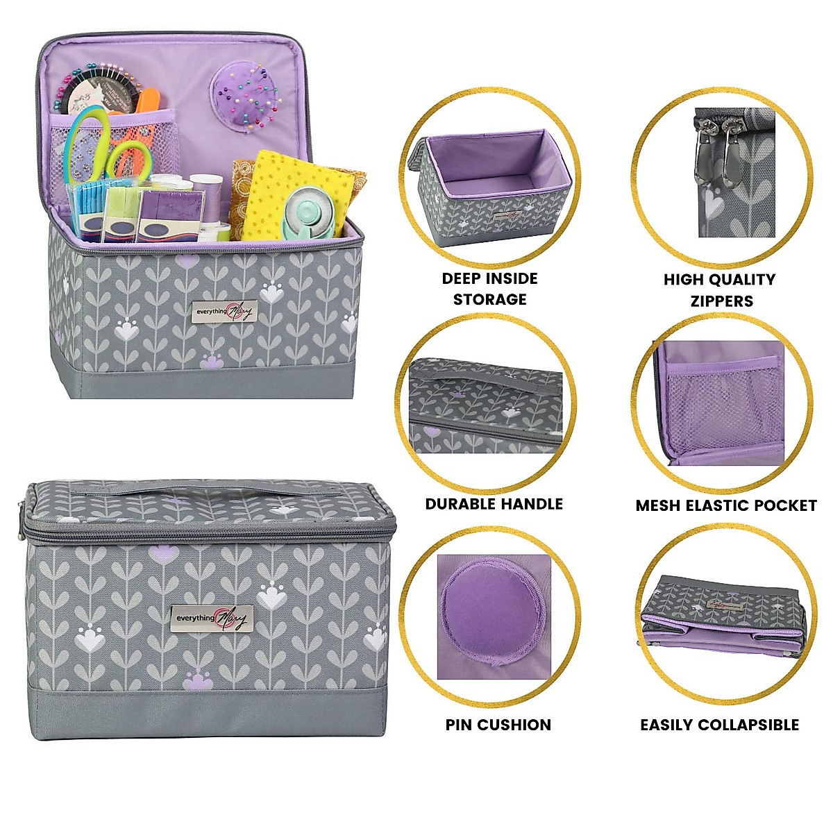 Everything Mary Sewing Case Grey Leaf Print EVM12861-1