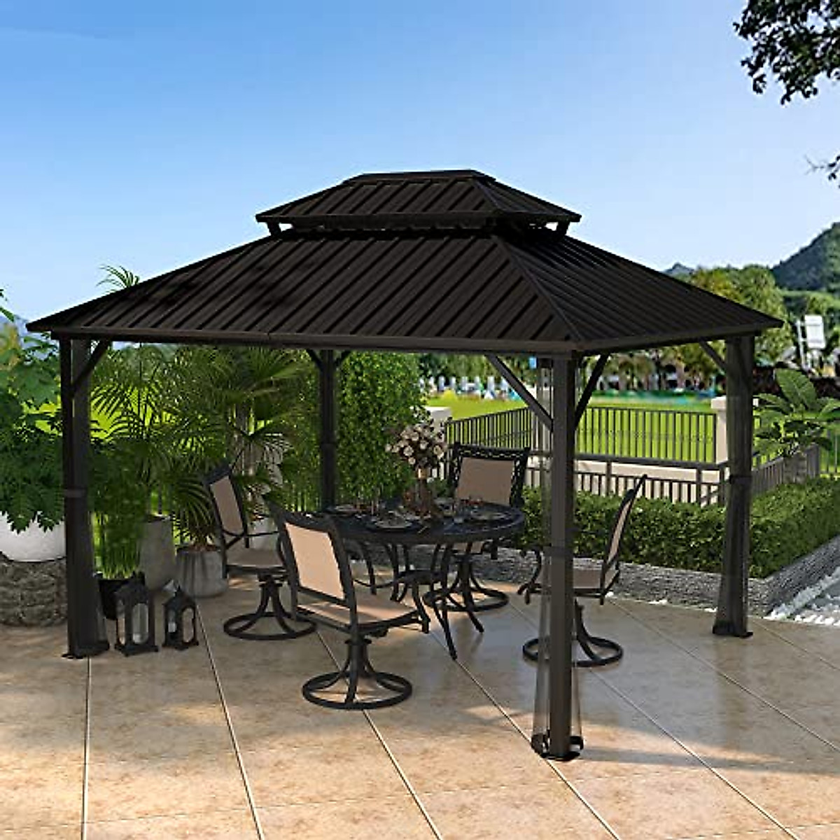 12' X 10' Aluminum Hardtop Gazebo with Nettings and Gutter Heavy Duty Outdoor Patio Double Roof Gazebo Pavilion Galvanized Steel Permanent Gazebo Canopy Grill Shelter for Backyard, Deck