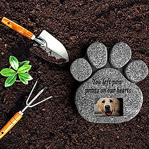 You Left Paw Prints On Our Hearts' Paw Print Pet Memorial Stone, Grave Marker with Customizable Photo Frame Slot, Loss Of Pet Gift, Personalized Dog Memorial Headstone, 8.25” x 8” x 1.5”