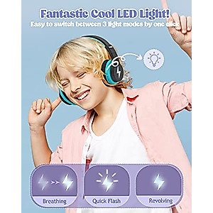 Kids Bluetooth Headphones, Colorful Wireless Over Ear Headset with LED Lights, Built-in Mic, 45H Playtime, 85dB/94dB Volume Limited Headphones for Boys Girls iPad Tablet School Airplane (Blue)