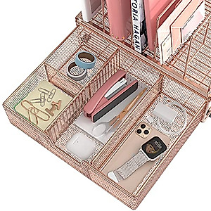 Cisily Desk Organizers and Accessories, 5 Vertical File Holders Home Office Supplies, Desktop Organization with Drawer and Pen Holders, Rose Gold