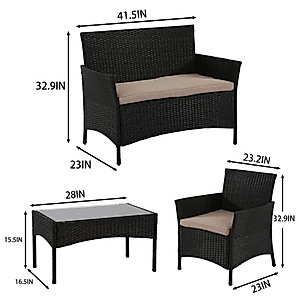 4 Pieces Patio Furniture Set Rattan Outside Furniture Wicker Sofa Garden Conversation Sets with Soft Cushion and Glass Table for Yard Pool or Backyard,Black