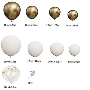 125Pcs DIY Gold White Balloons Garland Kits with 18/12/10/5Inch Metallic Chrome Balloons for Birthday Party Celebration Graduation Wedding Baby Shower Ceremony Anniversary Balloon Chain (Gold White)