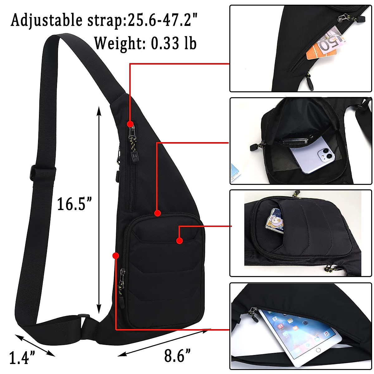 CAISANG Sling Bag Slim Crossbody Personal Pocket Chest Bag Anti-Thief Shoulder Bag Backpack Casual Daypack Fanny Pack for Travel Hiking