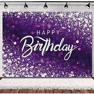 SVBright Purple Happy Birthday Backdrop for Women 7Wx5H Shinning Diamond Silver Bokeh Dots Woman Girls Elegant Sweet Princess Polyester Fabric Photography Background Banner Photo Booth Photo Studio