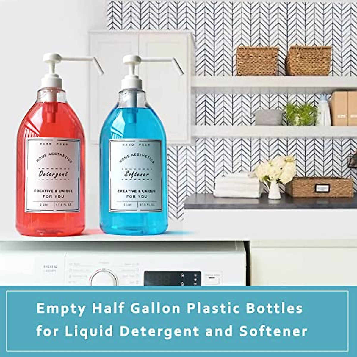 Unalilia Empty Plastic Laundry Liquid Dispenser Set - Large Soap Detergent Container (67.6 oz) Clear Reusable Pump Bottle for Detergent, Softener, Bleach, 2 Pack